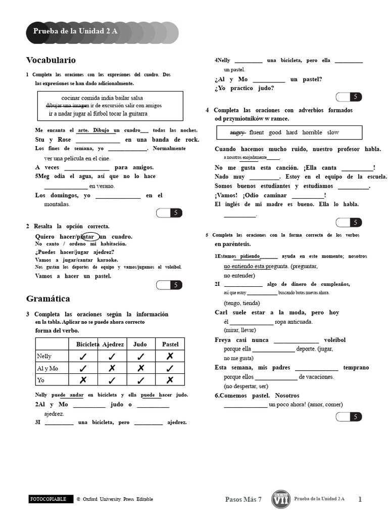 Prueba de la Unidad 2 A: Actividades y Gramática | PDF | Alimentos