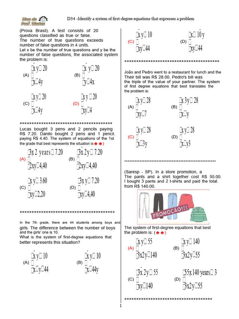 D34 Identify A System of First Degree Equations | PDF