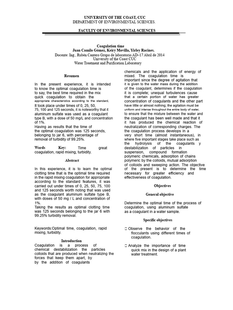 Optimal Coagulation Time in Water Treatment | PDF | Chemistry ...
