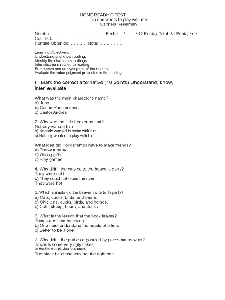 Home Reading Test Nobody Wants To Play With Me | PDF