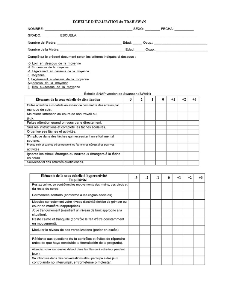 Évaluation TDAH SWAN : Guide et Critères | PDF | Sciences ...