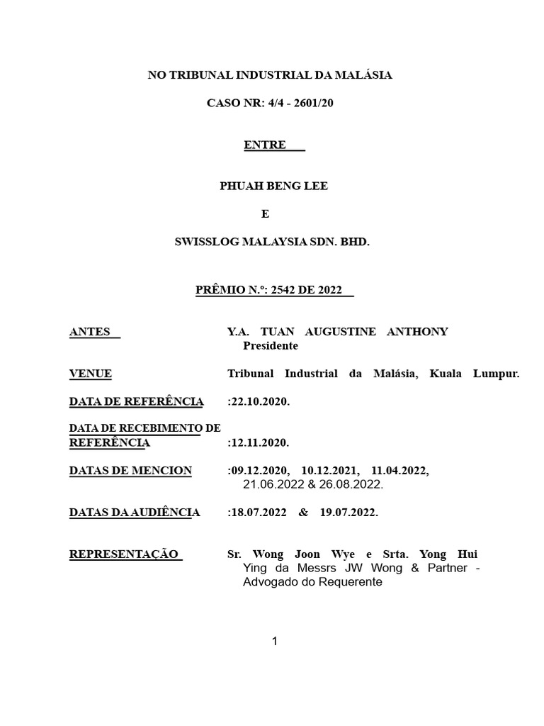 Demissão de Phuah Beng Lee na Swisslog | PDF | Emprego | Justiça