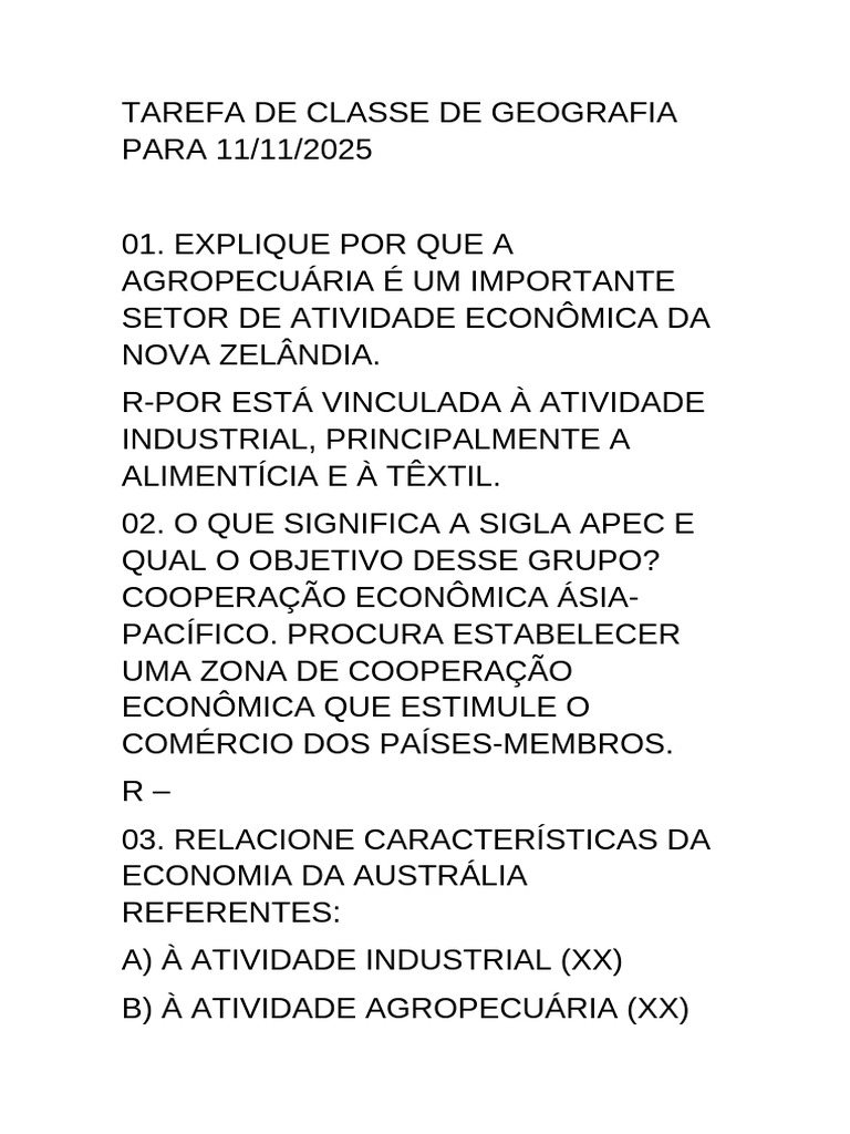 Tarefa de Classe de Geografia Para 11 | PDF
