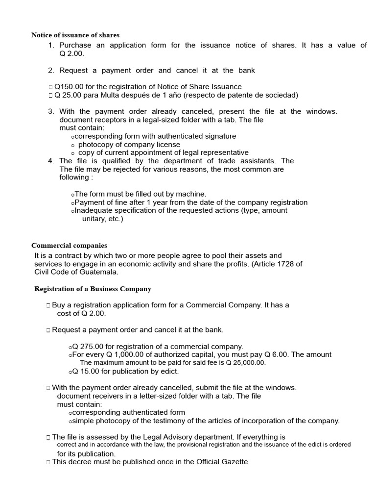 Notice of Issuance of Shares and Registration of Commercial Company ...