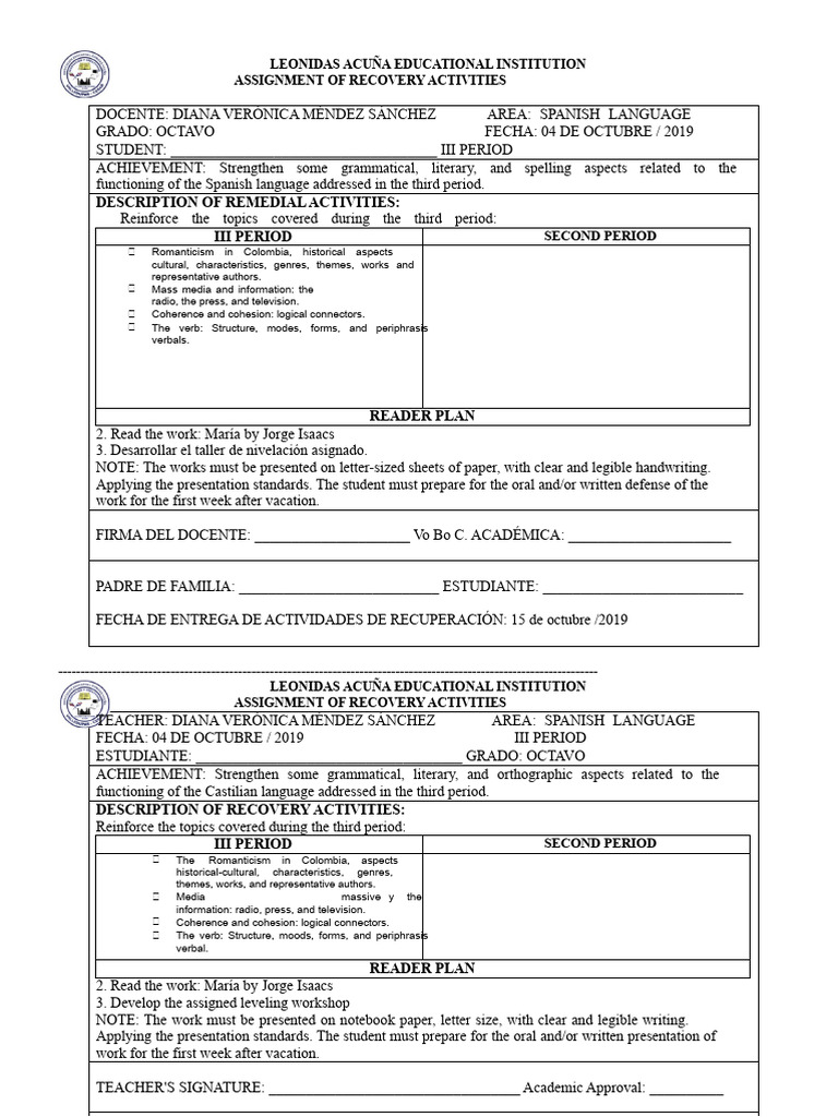 Leveling Activities 3 Period Spanish Language Eighth Grade | PDF ...