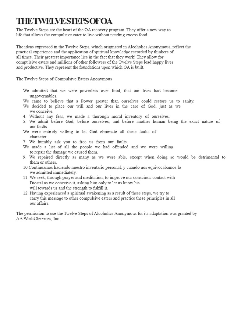 THE TWELVE STEPS OF OA (Overeaters Anonymous) in Spanish | PDF