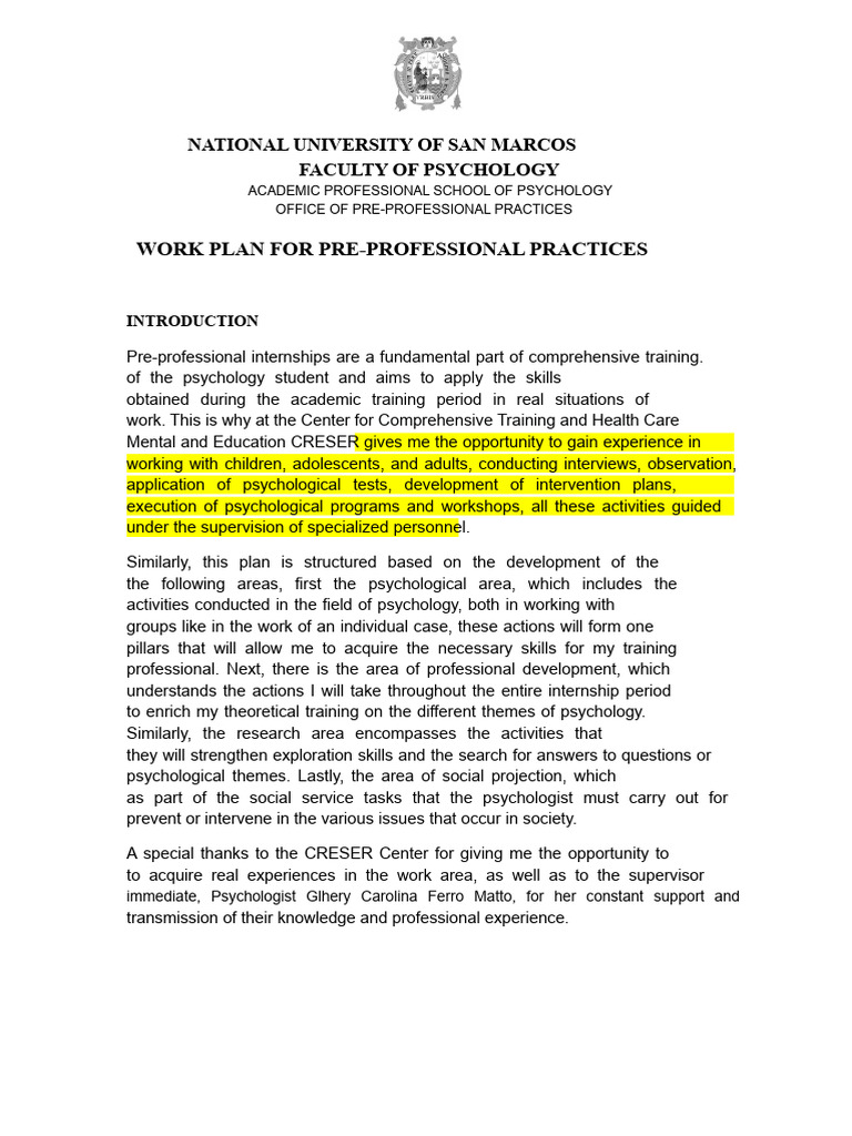 WORK PLAN FOR PRE-PROFESSIONAL INTERNSHIPS_BETHZY | PDF | Psychology ...