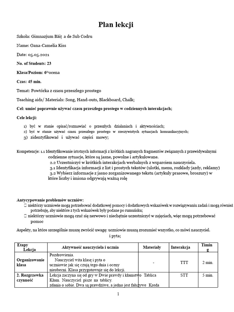 Plan lekcji - Powtórka czasu przeszłego prostego | PDF