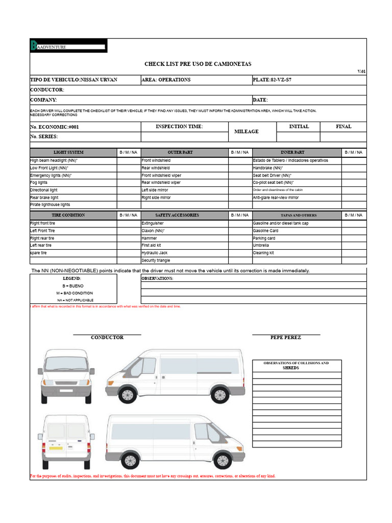 Check list - Vans, bus, departure, passenger manifest | PDF | Motor ...