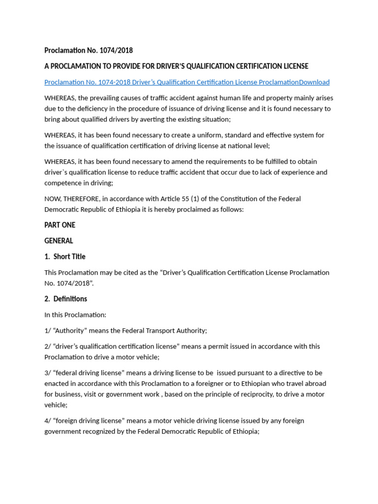 Driver's Qualification Certification Proclamation | PDF | Driver's ...
