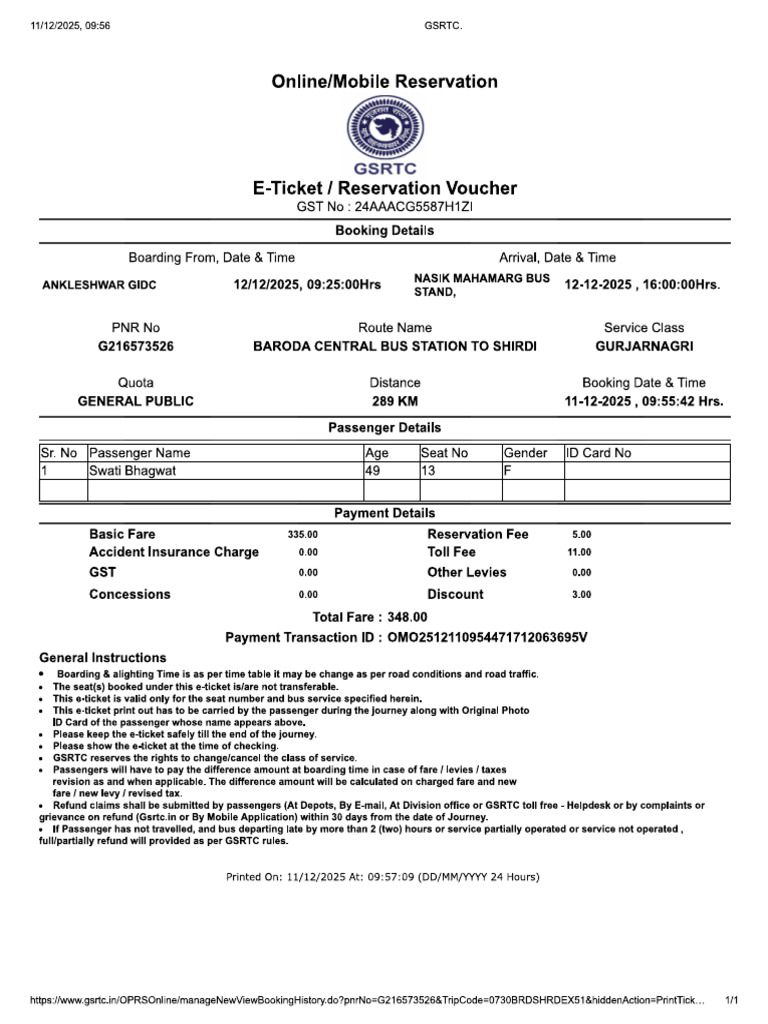GSRTC Booking 12-12-2025 | PDF