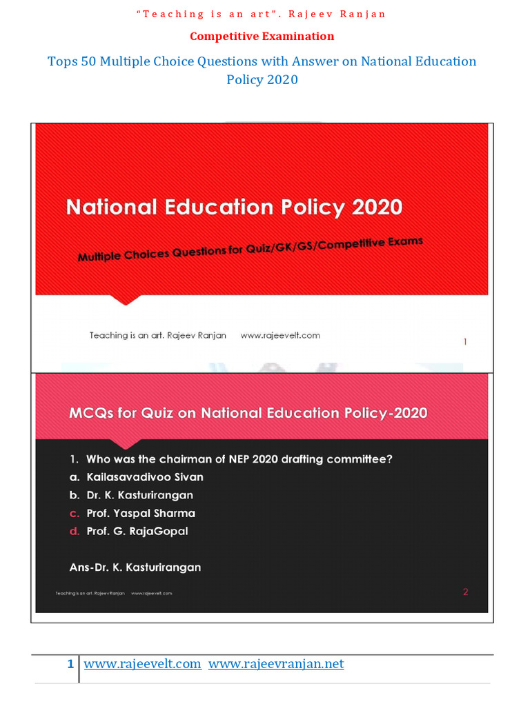 Top 50 Multiple Choice Questions With Answer On National Education ...