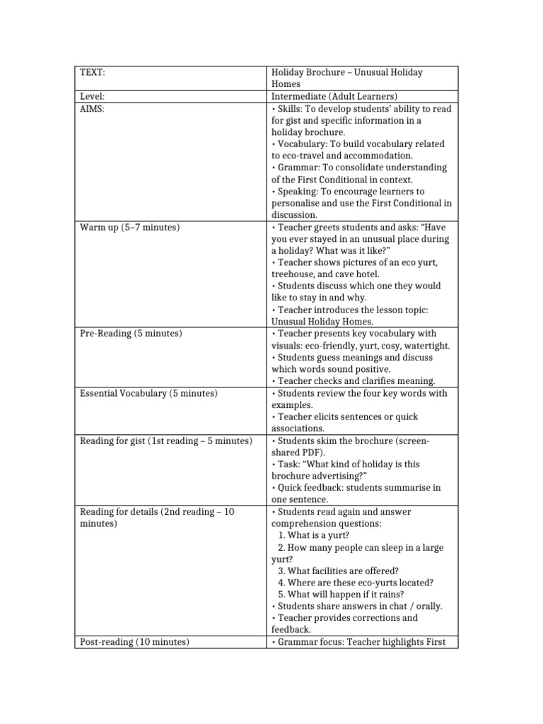 Reading Lesson Plan Tablolu | PDF | Reading Comprehension | Language ...