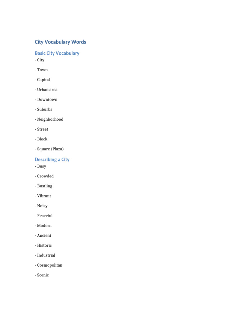 City Vocabulary Word List | PDF