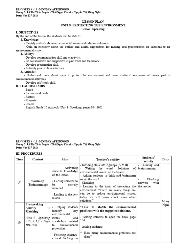 Lesson Plan - Group 2 - Unit 9 - Speaking | PDF | Lesson Plan ...