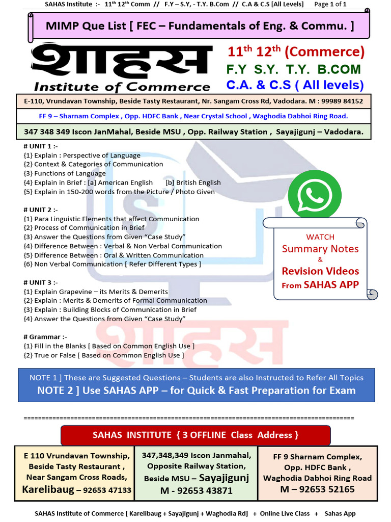 SAHAS Institute Commerce Course Overview | PDF | Linguistics ...