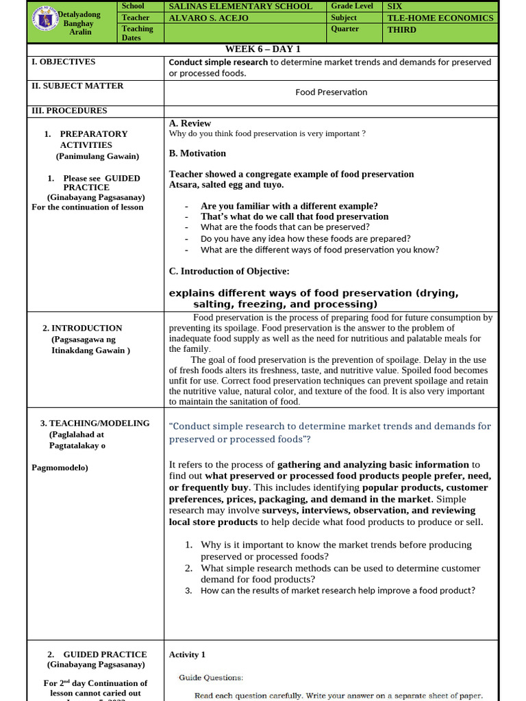 6th Week Tle 6 He Day 1 | PDF | Food Preservation | Food Processing