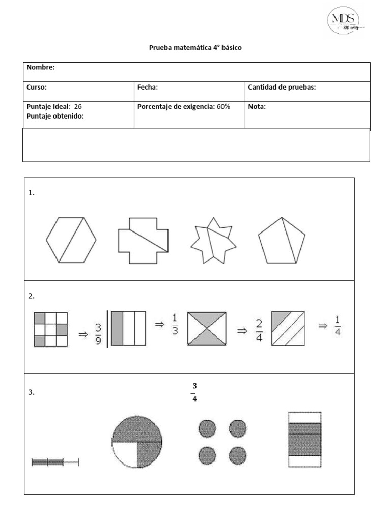 Fracciones Prueba 4° básico | PDF | Matemáticas