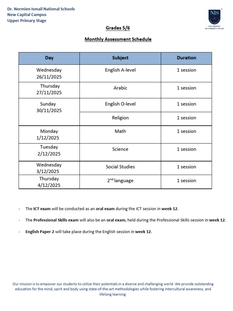 Monthly Assessment Schedule (November 25-26) | PDF