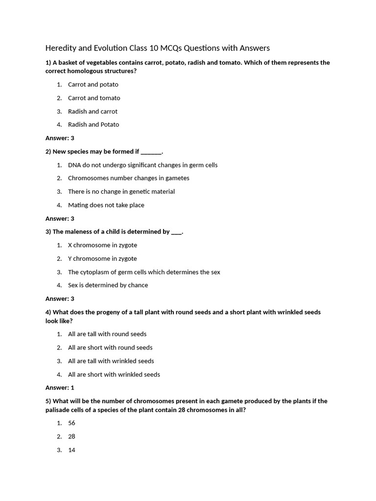 Class 10 Heredity & Evolution MCQs | PDF | Genotype | Dominance (Genetics)