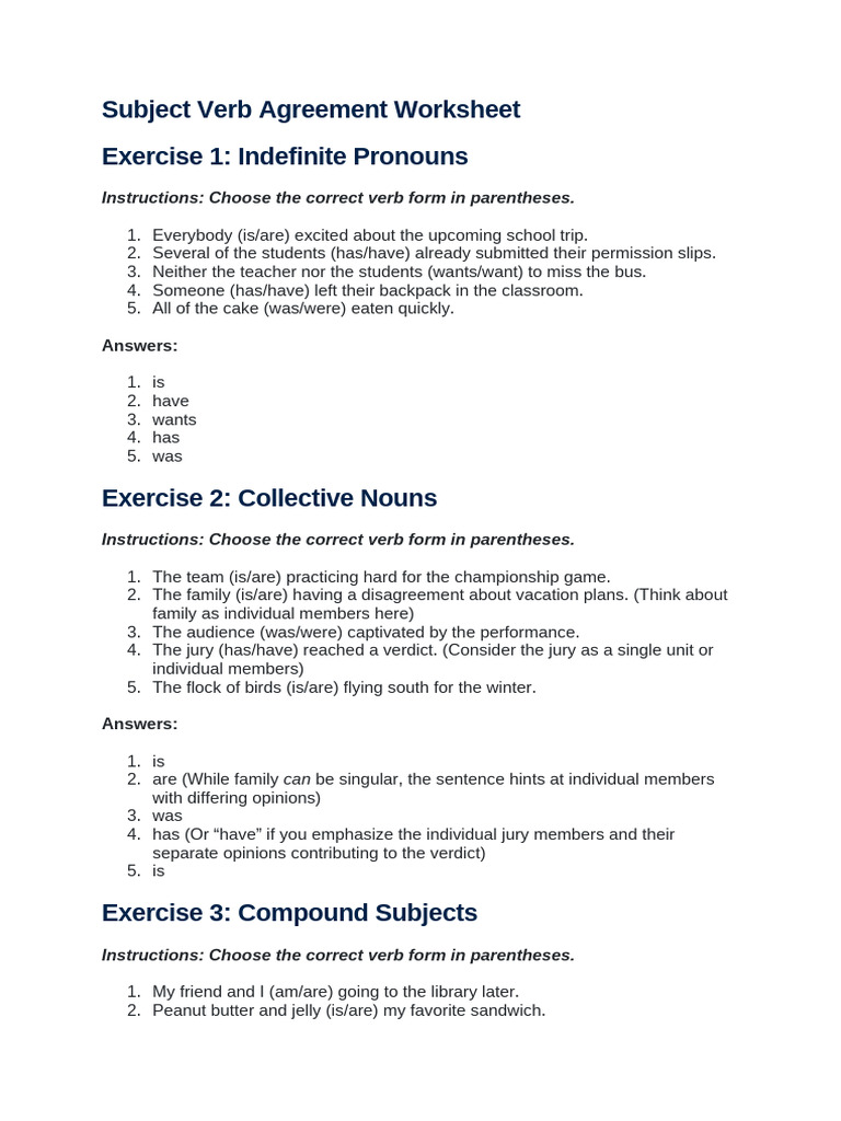Subject Verb Agreement Worksheet 1 | PDF | Grammatical Number | Plural