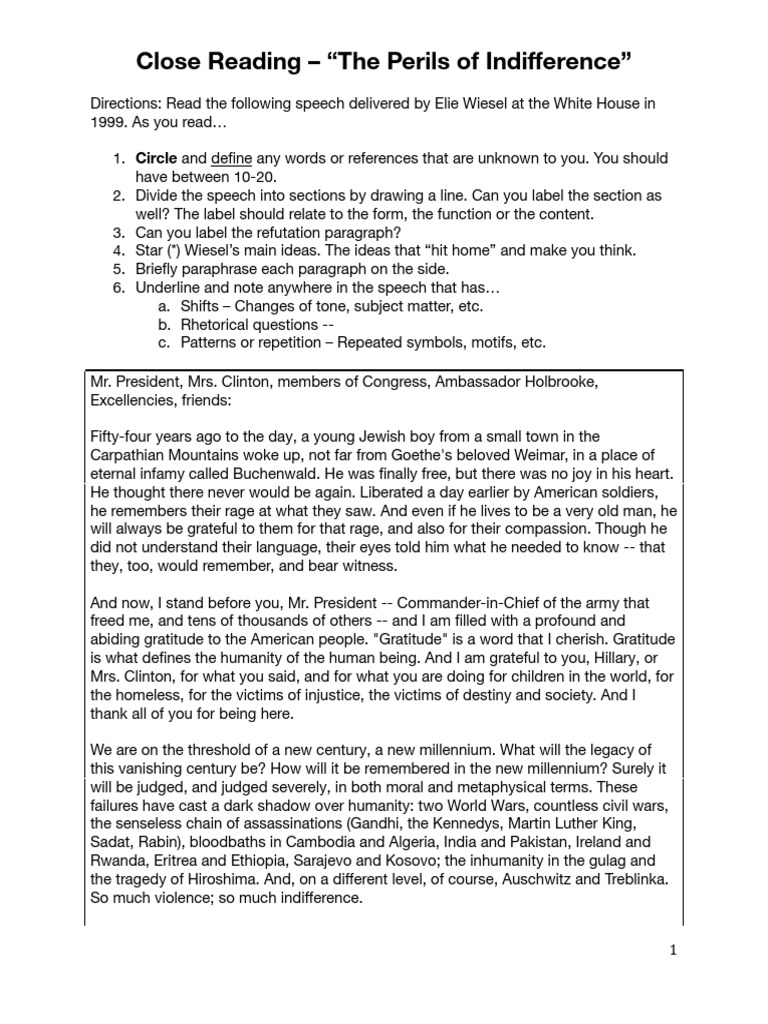 Copy of Close Reading - Perils of Indifference 2025 | PDF | Anger