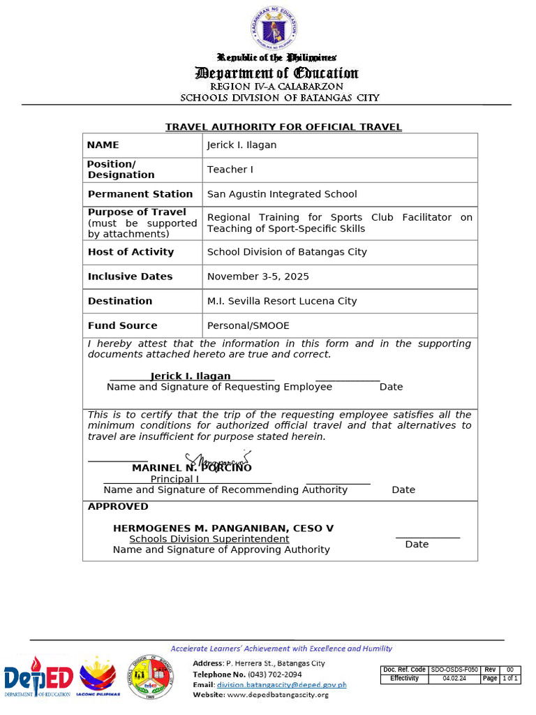 Travel Authority For Official Travel Ilagan | PDF