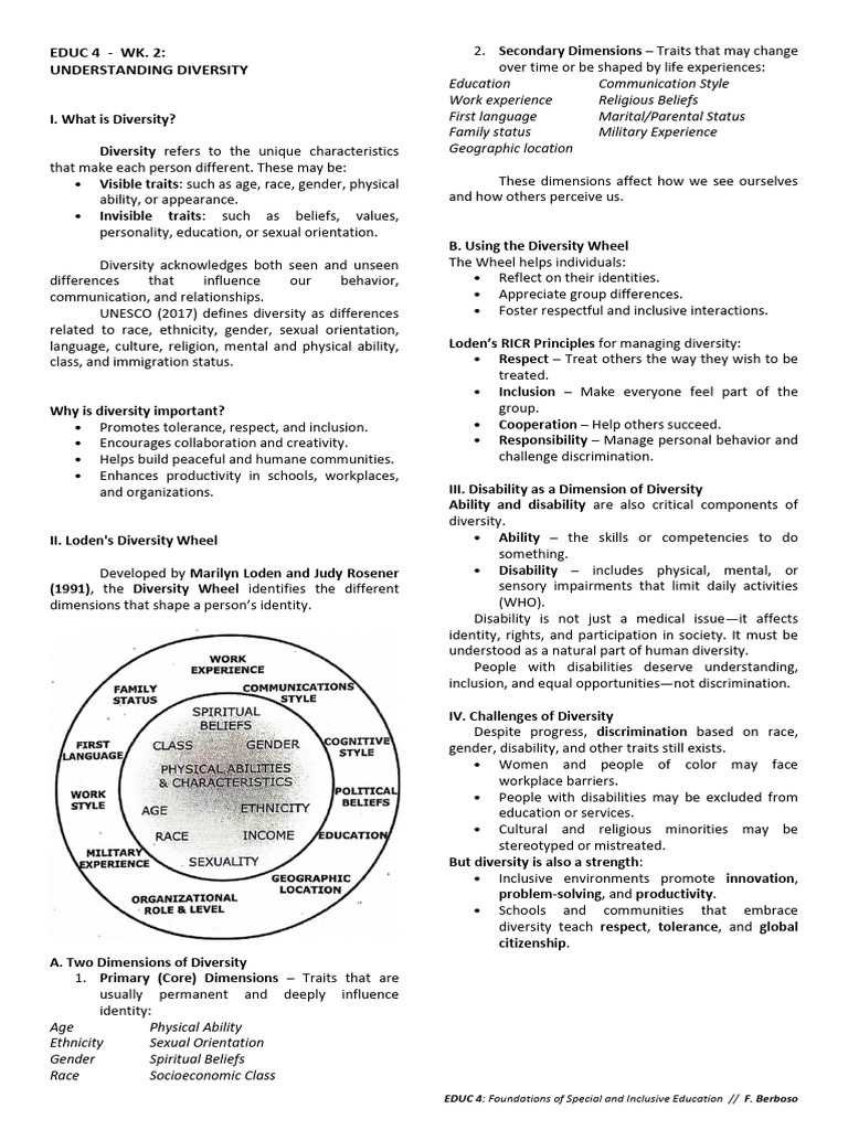 EDUC 4 Handout Wk 2 (1) | PDF | Multiculturalism | Disability