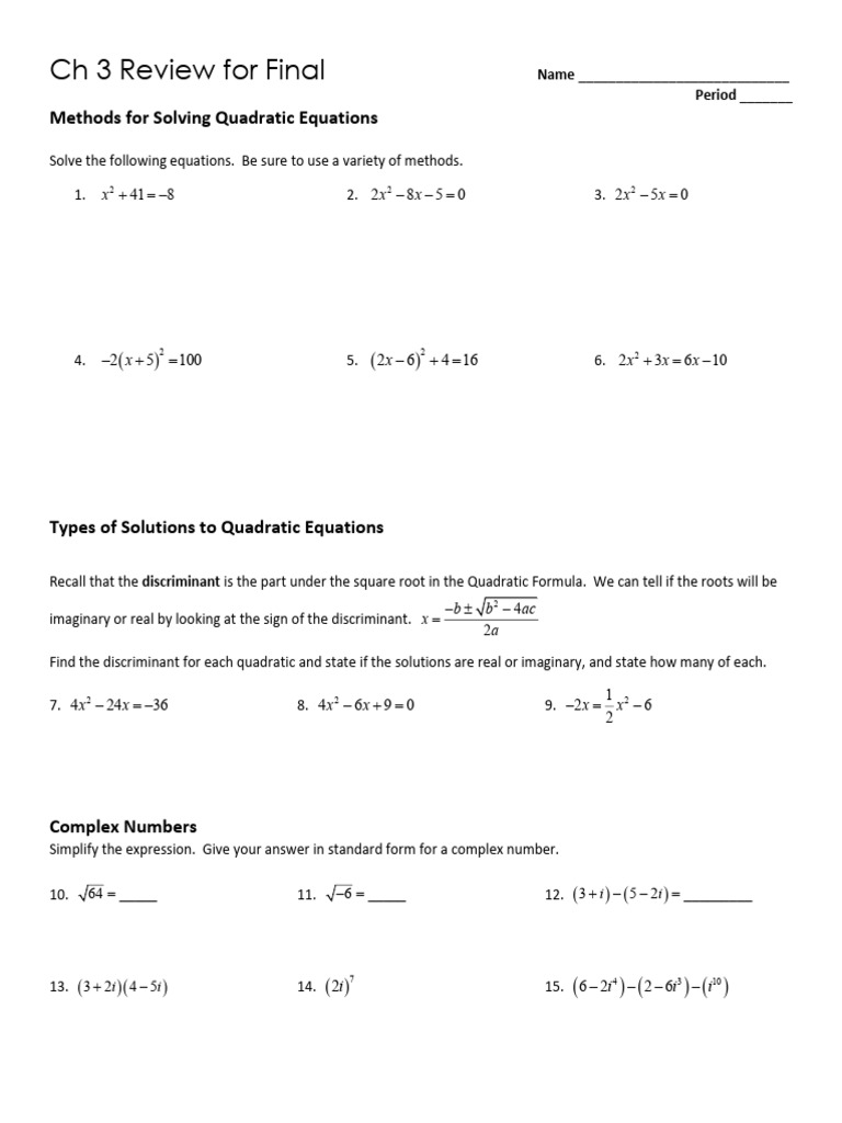 Ch 3 Review for Final WS v2.22 (1) | PDF | Quadratic Equation ...