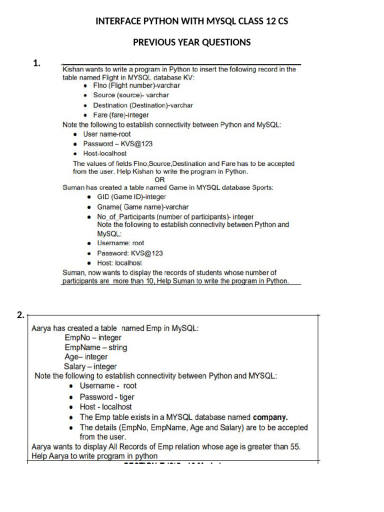 Interface Python With Mysql Class 12 Cs Questions | PDF