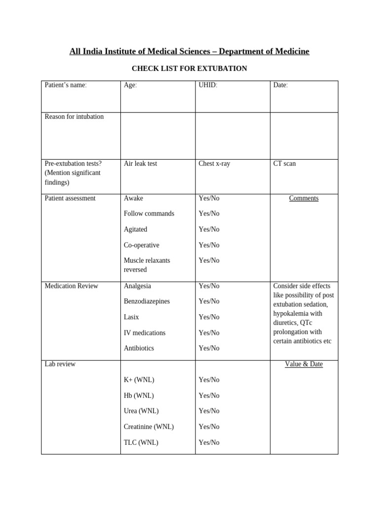 Check List For Extubation | PDF | Blood Pressure | Medical Specialties