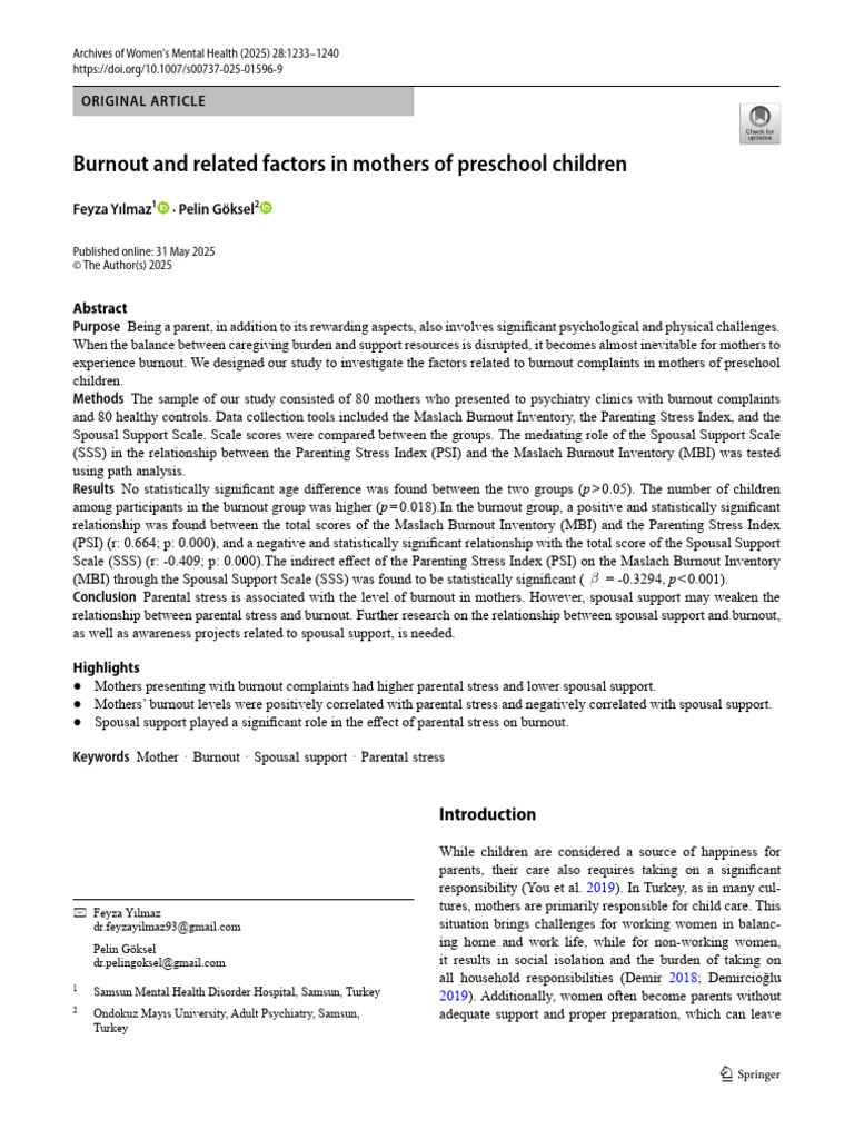 Burnout and related factors in mothers of preschool children | PDF ...