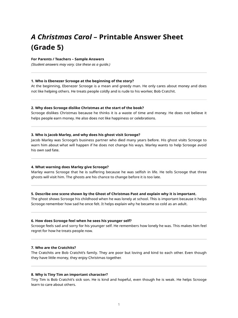A Christmas Carol Answer Sheet for Grade 5 | PDF | Ebenezer Scrooge ...