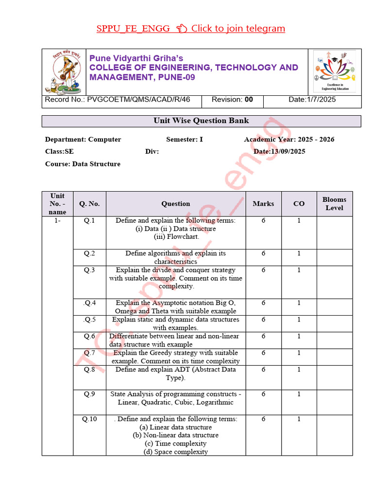 DS Unit 1 Question Bank PVG | PDF | Time Complexity | Mathematical Analysis