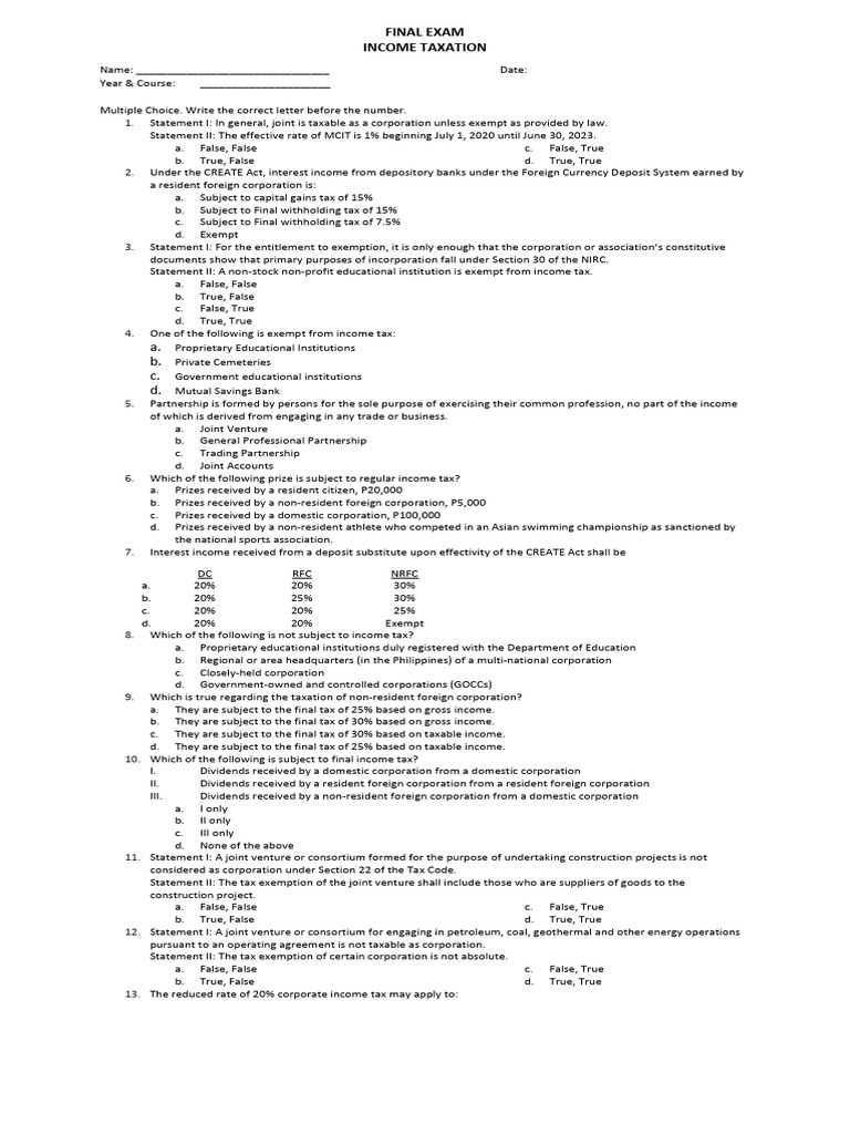 Income Taxation Final Exam Questions | PDF | Capital Gains Tax | Taxes