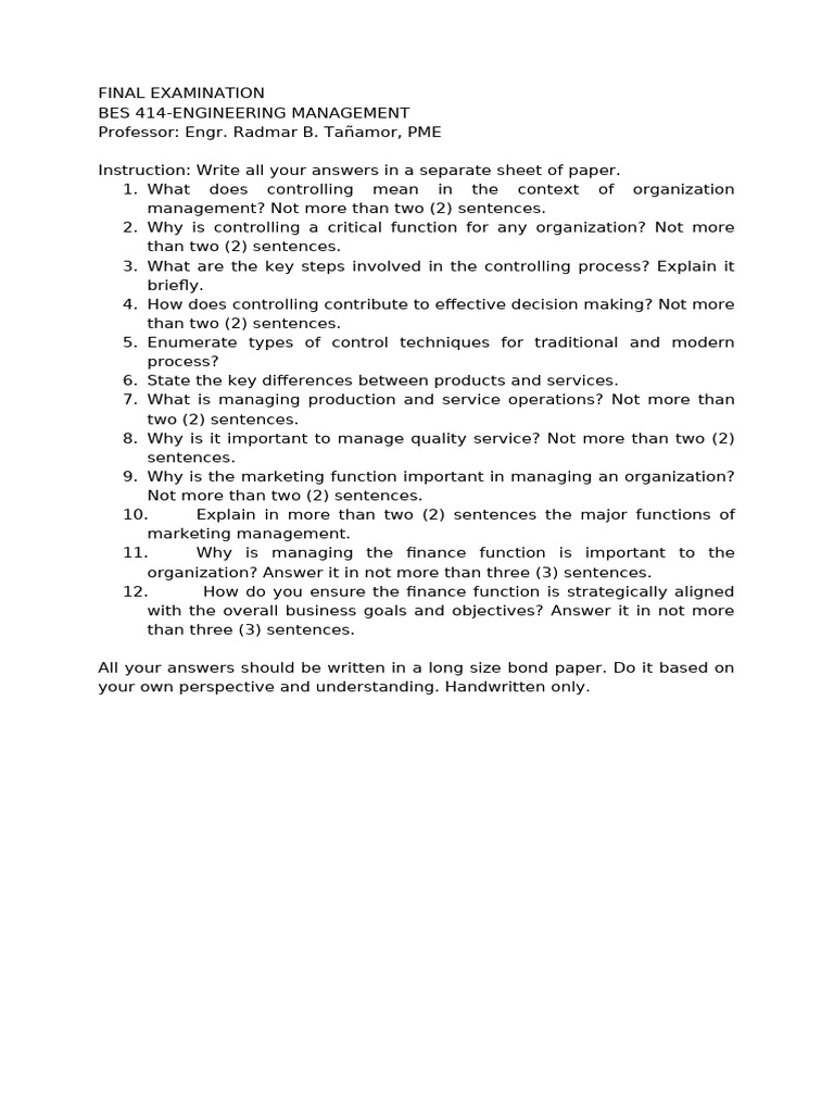 Final Exam Engineering Management | PDF | Audit | Investing