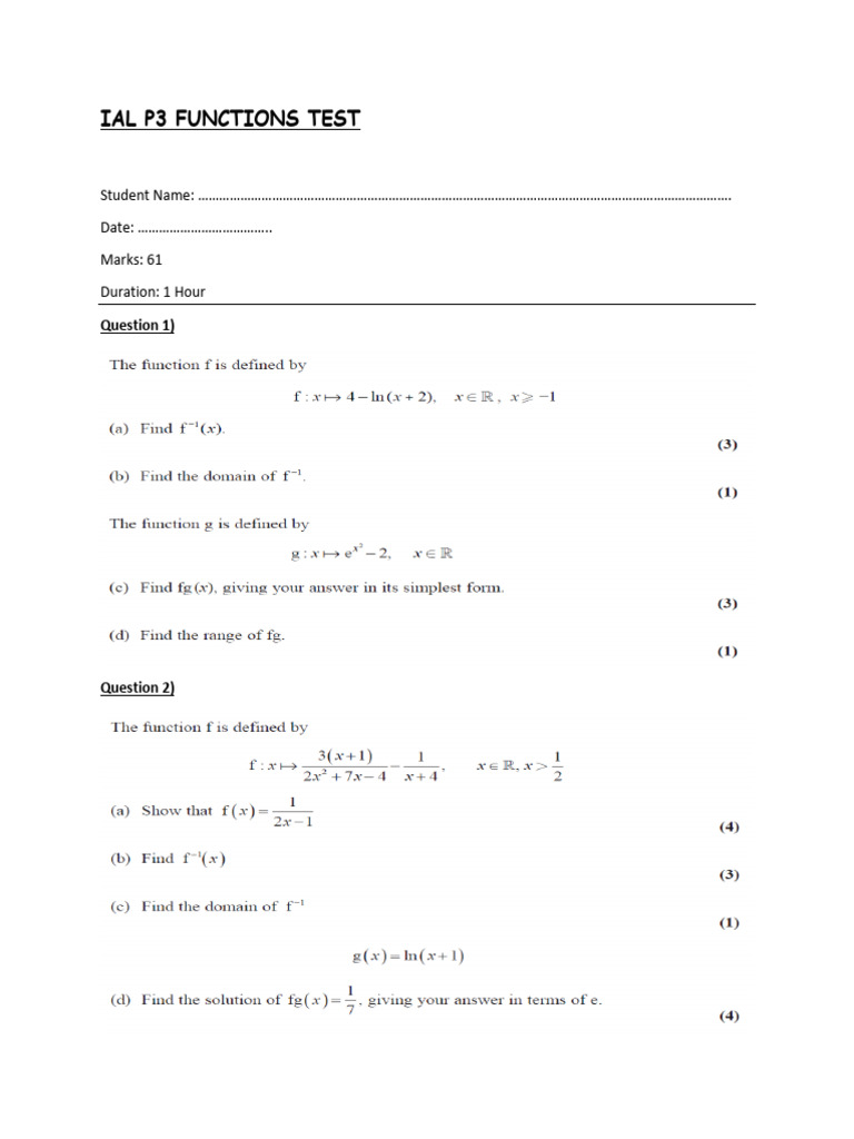 Ial p3 Functions Test | PDF
