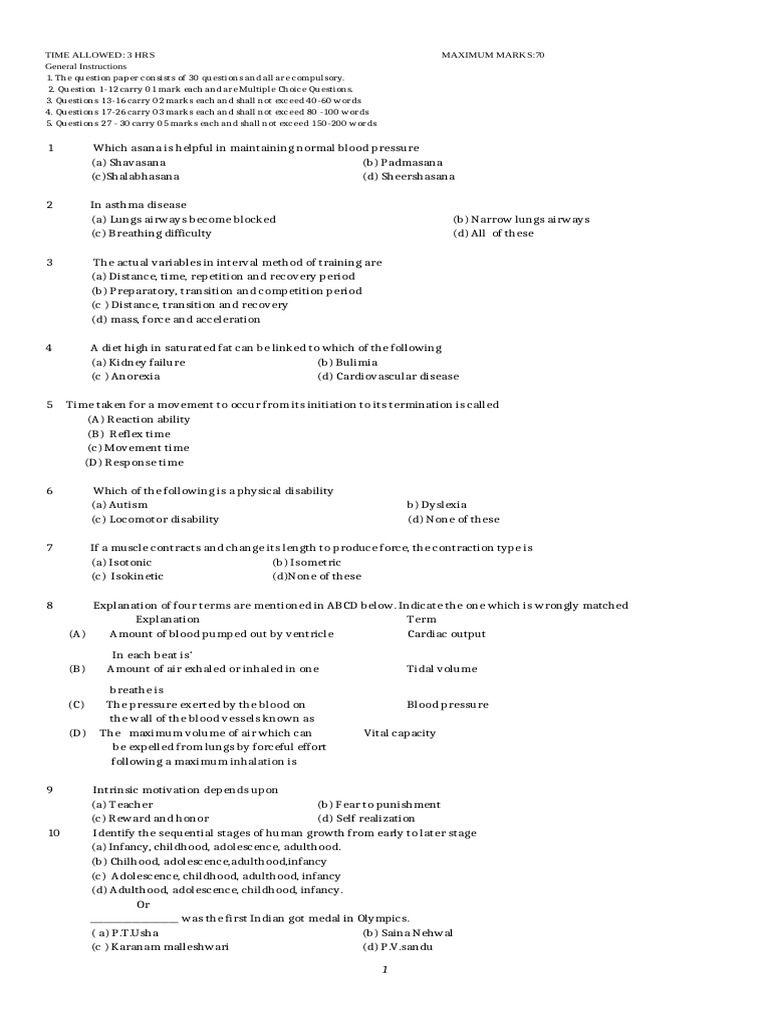 Exam Paper: Physical Education Concepts | PDF | Adolescence | Muscle ...