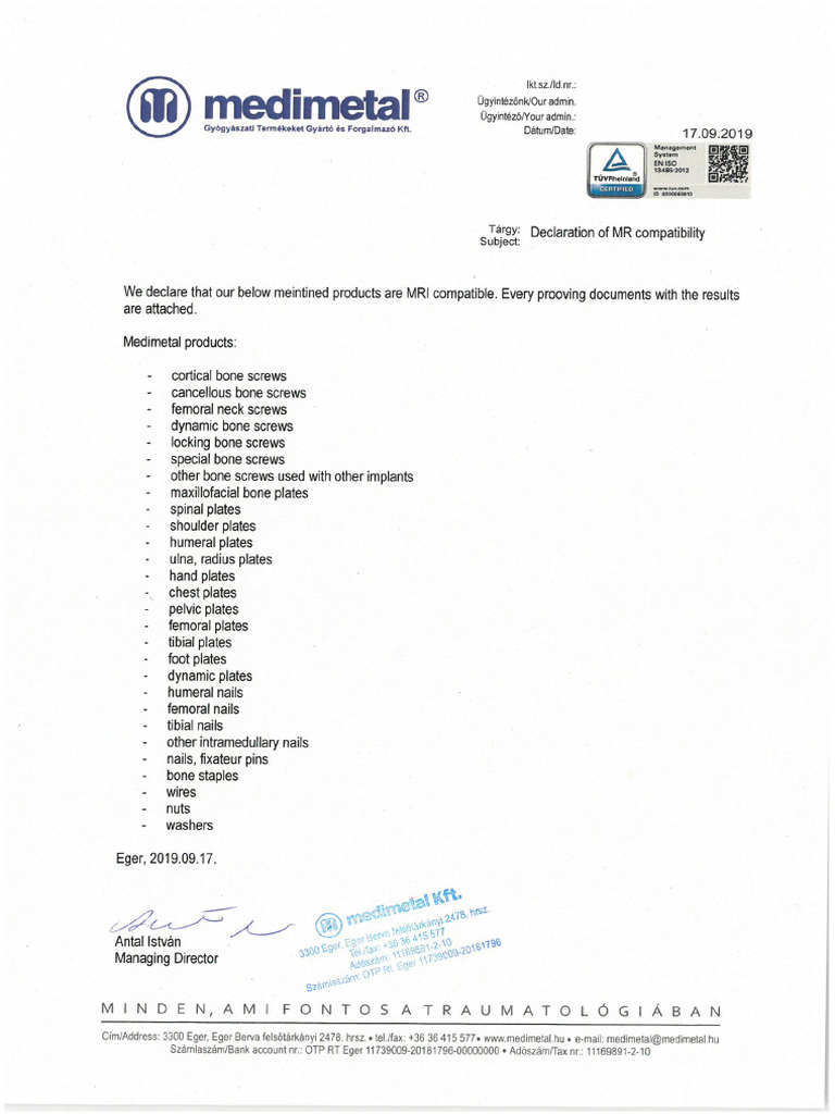 Declaration of MRI Compatibility | PDF