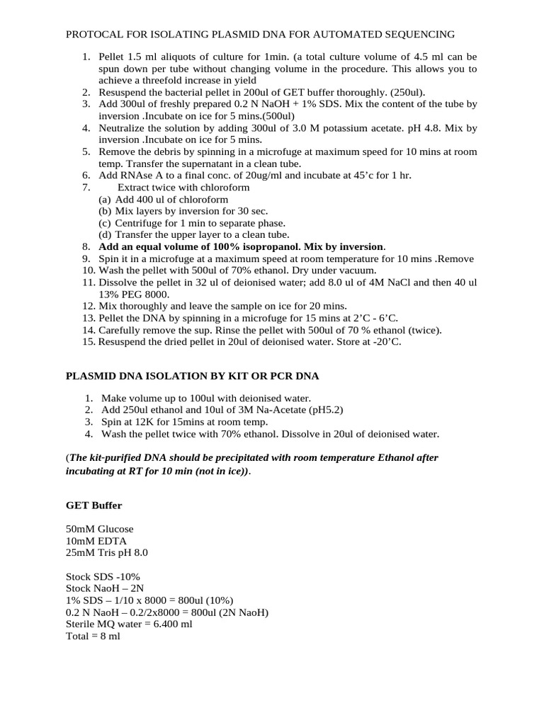 Plasmid DNA Isolation Protocol for Sequencing | PDF | Base Pair | Genetics
