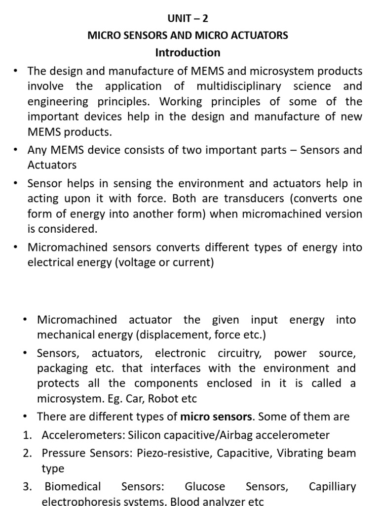 Micro Sensors and Actuators Overview | PDF | Accelerometer | Pressure ...