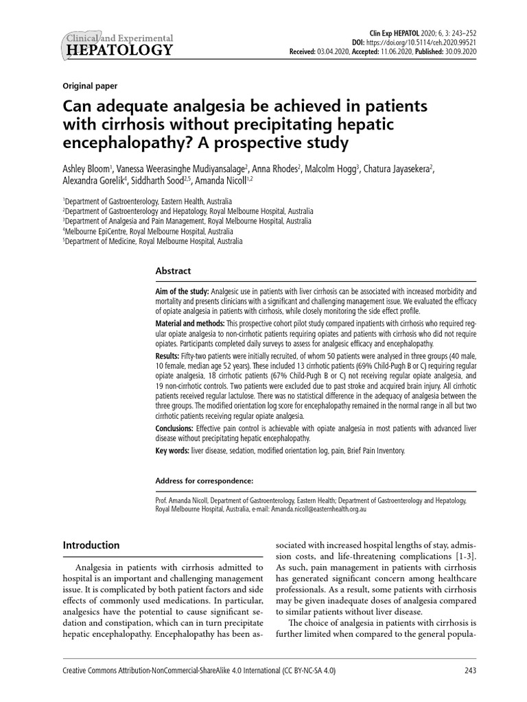 Bloom 2020 Adequate Pain Management Analgesia in Cirrhosis Without ...