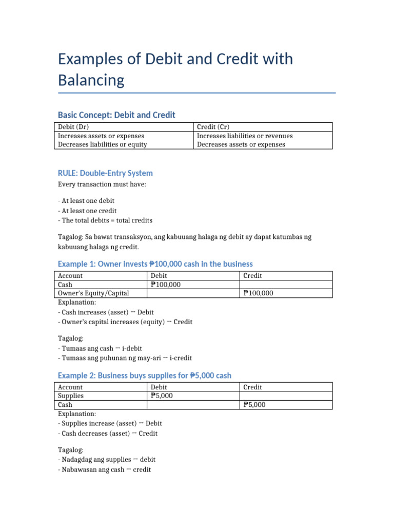Debit Credit Examples Balancing | PDF