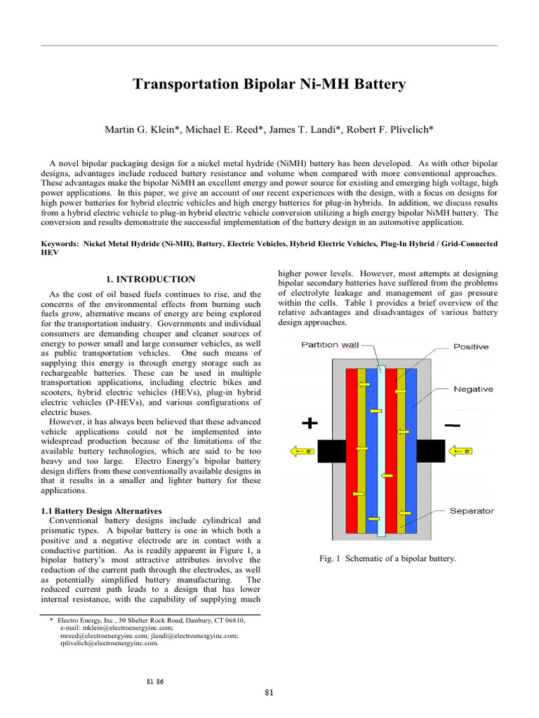 Bipolar Ni-MH Battery for Electric Vehicles | PDF | Hybrid Vehicle ...
