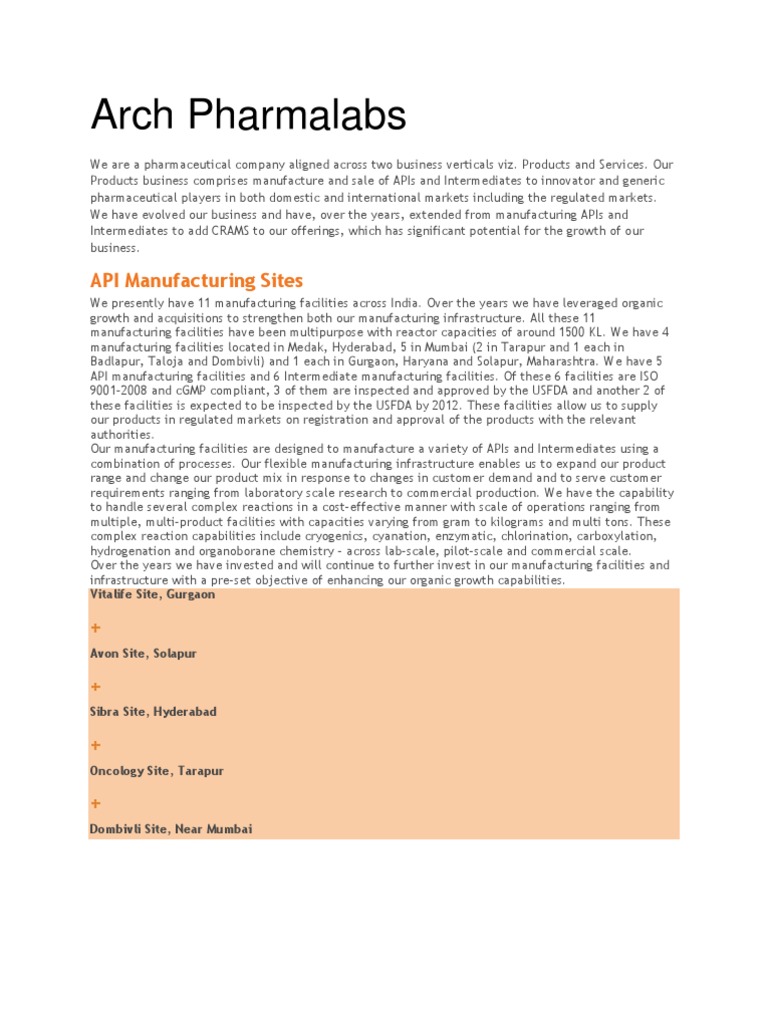 Overview of Arch Pharmalabs' Pharmaceutical Manufacturing Operations and Financial Performance ...