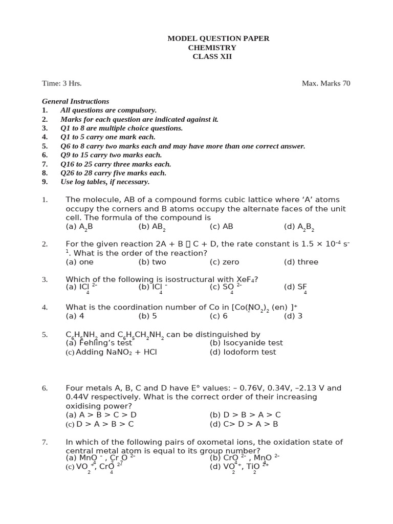 Class XII Chemistry Model Question Paper | PDF | Carbohydrates | Chemistry