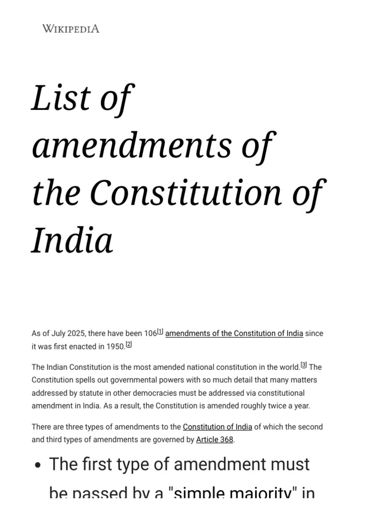 List of Amendments of the Constitution of India - Wikipedia | PDF ...