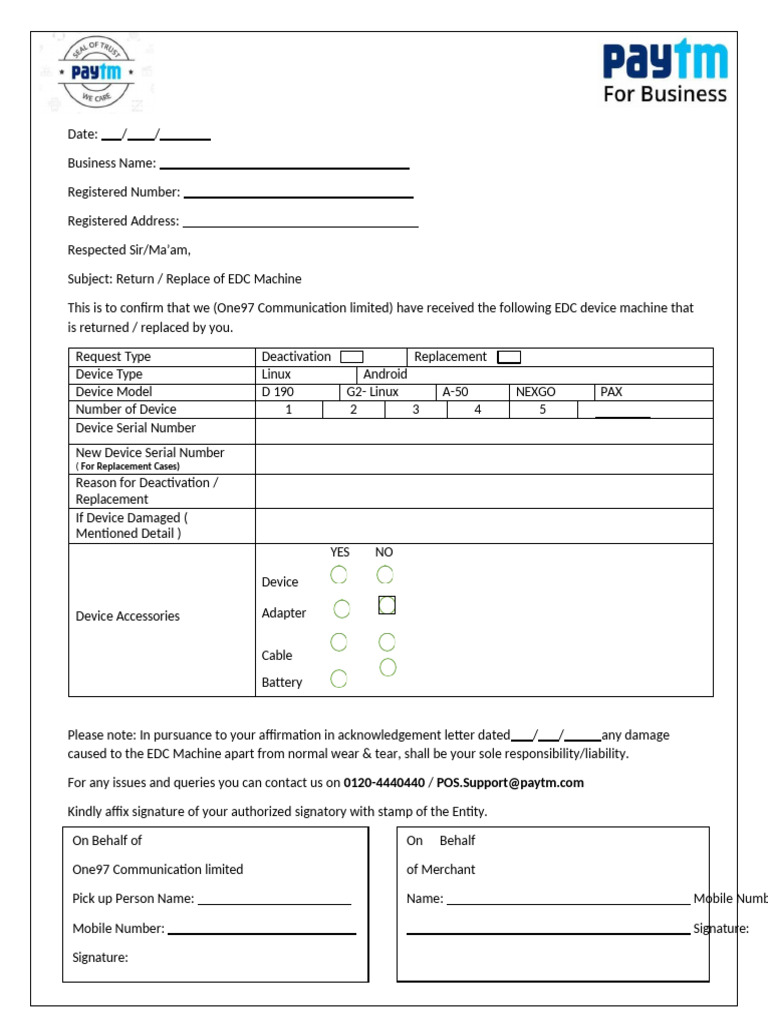 EDC Machine Return/Replacement Form | PDF