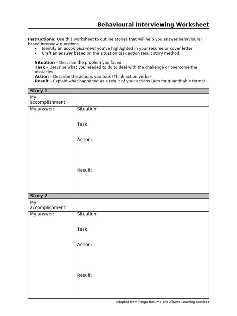 Behavioural Interviewing Worksheet | PDF