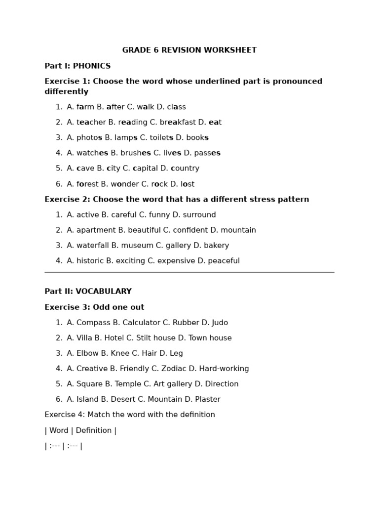 Grade 6 Phonics and Grammar Worksheet | PDF | Linguistics